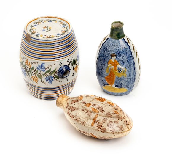Bonhams : A Pratt Ware barrel and flask, 19th century, and another barrel