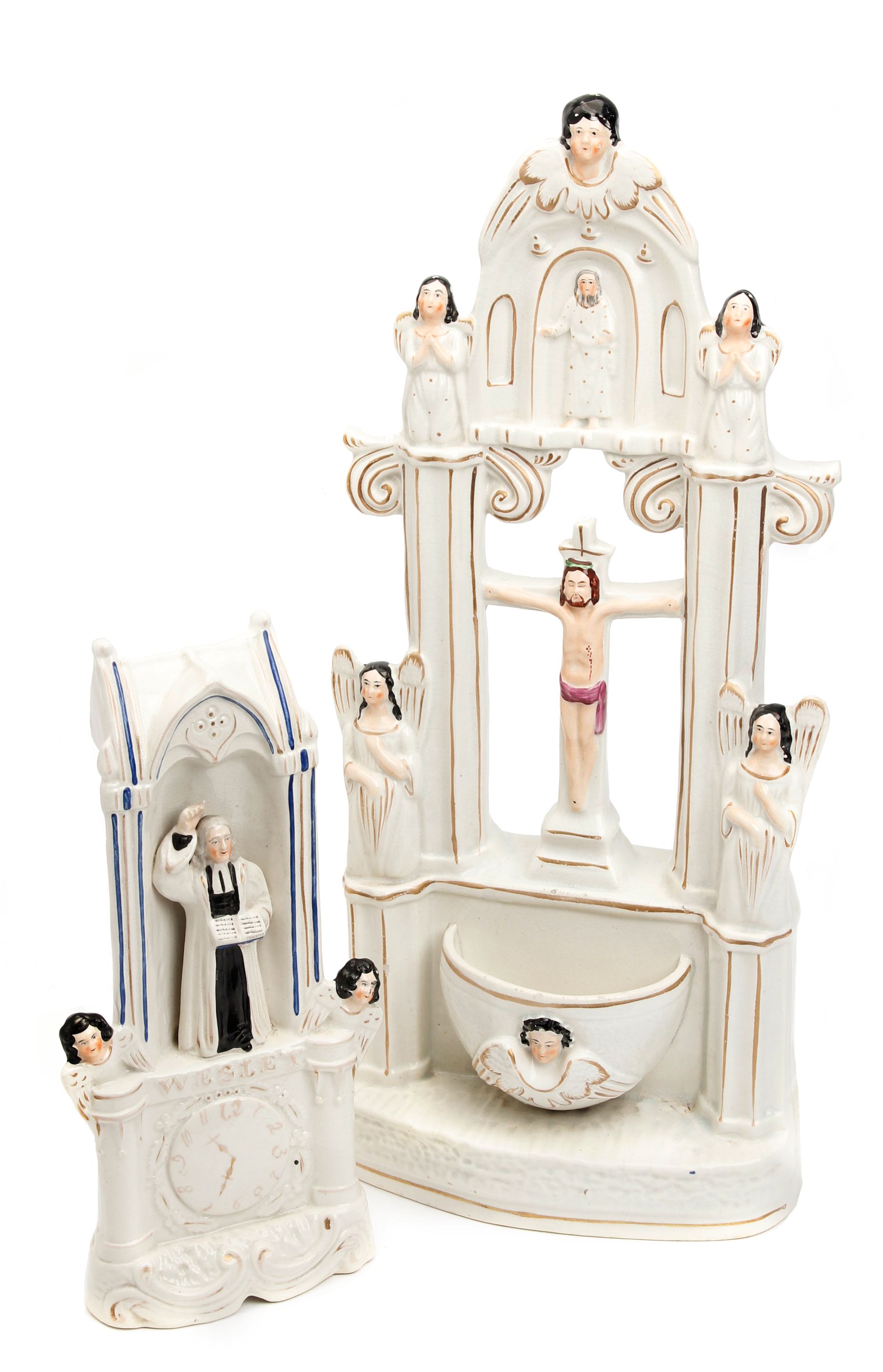 Bonhams : A large Staffordshire holy water stoop and a clock group of ...