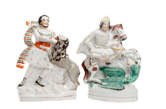 Bonhams : Two Staffordshire figures of George and the Dragon and Samson ...