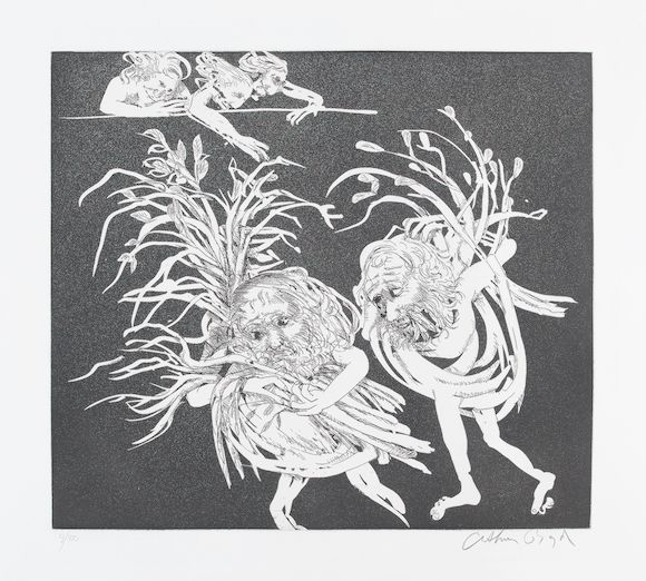 Bonhams : Arthur Boyd (Australian, 1920-1999) Old men enter carrying faggots to smoke out the ...