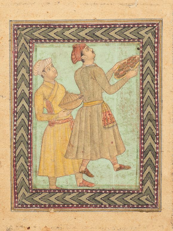 Bonhams : Two servants carrying dishes of food Provincial Mughal, circa ...
