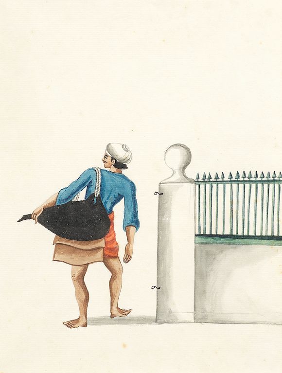 Bonhams : A water-carrier (bhisti) standing at the entrance railings of ...