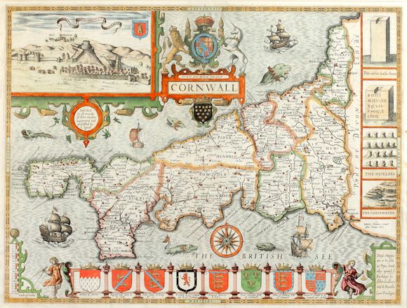 Bonhams : SPEED (JOHN) Cornwall, hand-coloured double-page engraved map ...