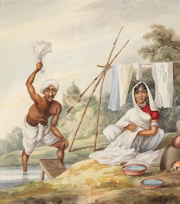 Bonhams : A dhobi wallah and his wife at the side of a stream, a temple ...
