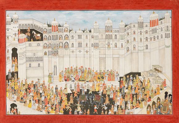 Bonhams : A large scene depicting a ruler in durbar, the walls of a ...