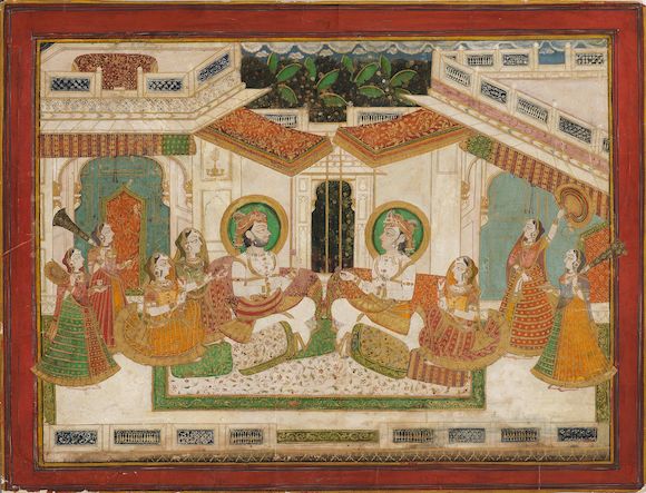 Bonhams : Two noblemen seated in conversation on a terrace with female ...