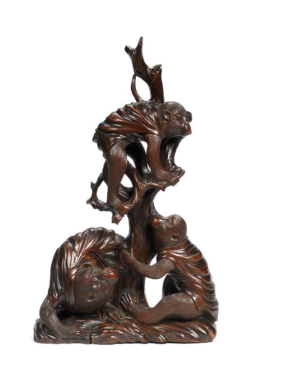 Bonhams : A wood okimono group of monkeys Taisho Period