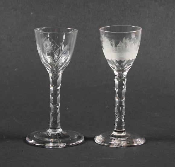 Bonhams Two Engraved Facet Stem Wine Glasses Circa 1770