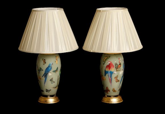 Bonhams : A pair of glass lamp bases decorated in découpage with ...
