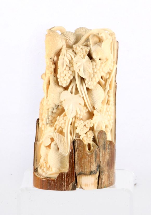Bonhams : A carved ivory group of quails