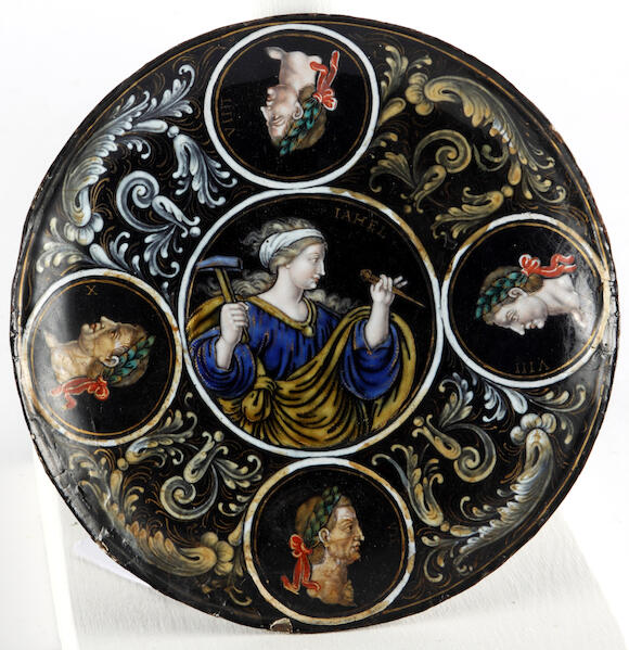 Bonhams : A Limoges enamel dish Centred with a titled representation of Jael, with hammer and ...
