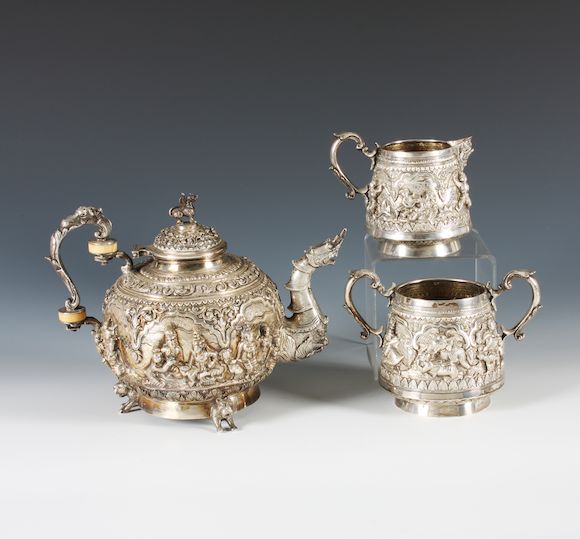 Bonhams : A Burmese metalware three piece tea set With retailer's stamp ...