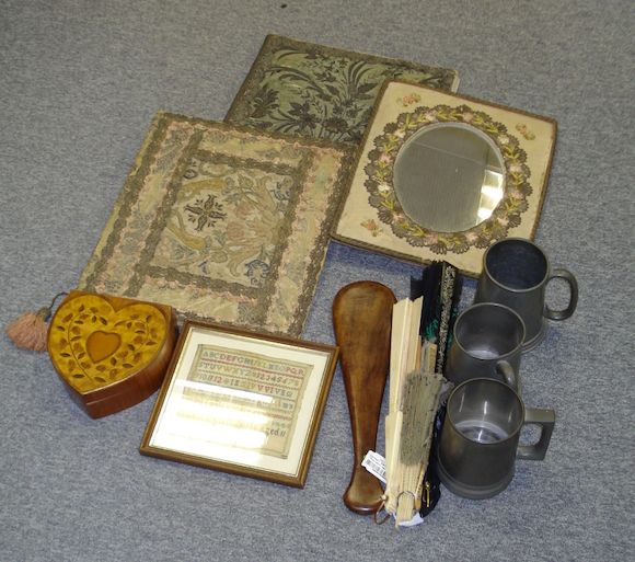 Bonhams : A mixed lot comprising three pewter mugs, four fans, two boxes, a mirror, scales, two ...