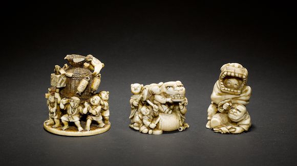 Bonhams : An okimono-style netsuke of karako with a large Shishimai ...