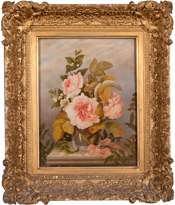 Bonhams : English School (circa 1828) Still life of flowers in a glass ...