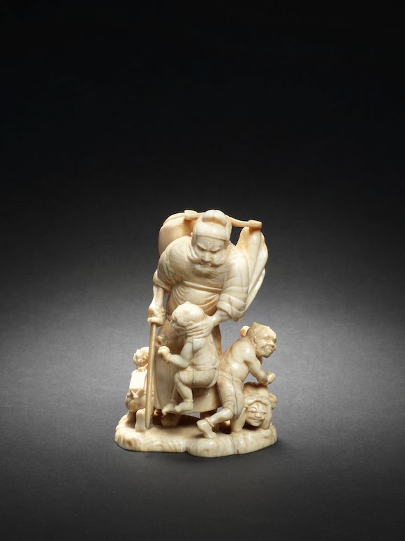 Bonhams : An ivory okimono of Shoki and oni By Soko/Munemitsu, Meiji Period