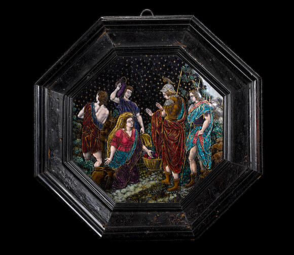 Bonhams : A 19th century Limoges enamel plaque depicting King David and Abigail