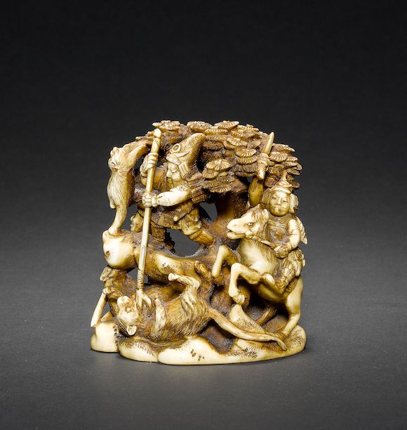 Bonhams : A stained ivory okimono designed as three Samurai, hunting ...