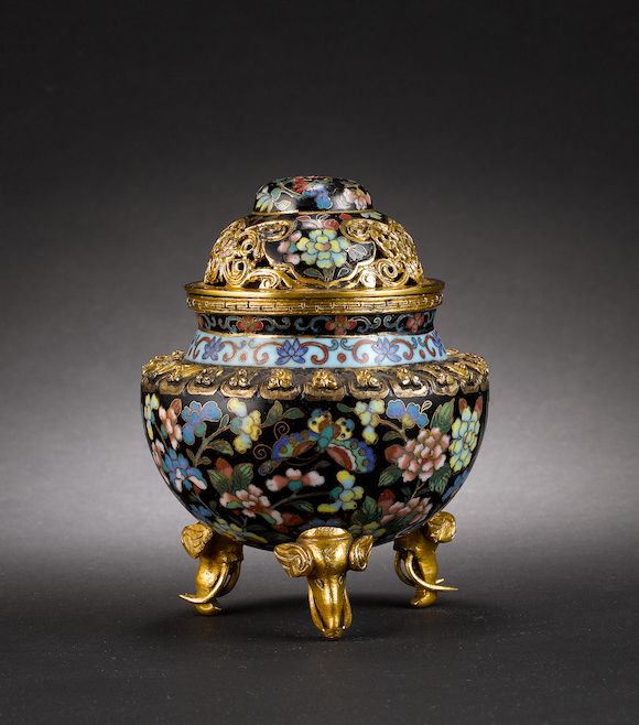 Bonhams : A cloisonne enamel censer with pierced domed cover and tripod ...