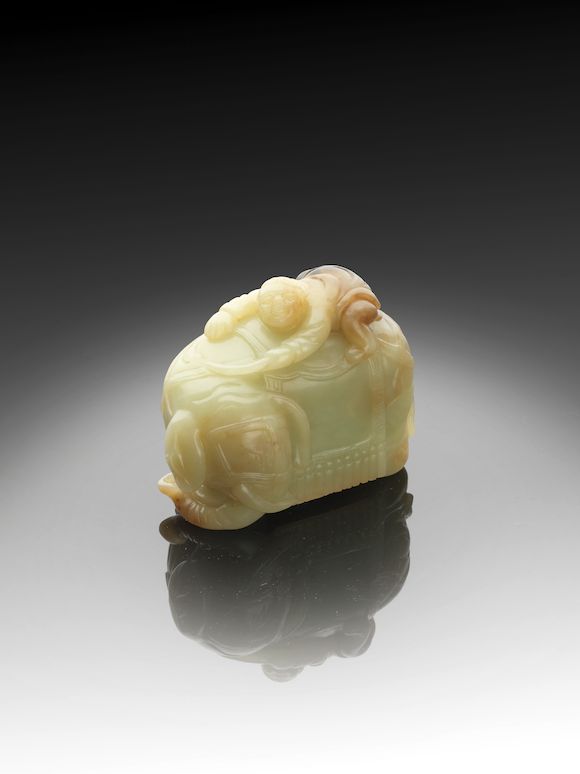 Bonhams : A rare yellow jade 'elephant and boy' group 17th/18th century