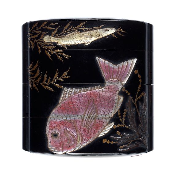 Bonhams : A black lacquer three-case inro By Nomura Chohei, late 18th ...