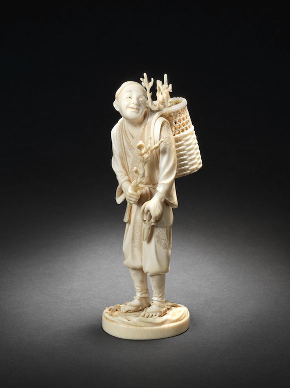 Bonhams : An ivory figure of a flower vendor By Gyokko, Meiji Period