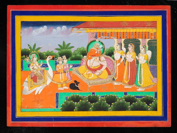 Bonhams : Ganesh enthroned with devotees and attendants on a terrace ...