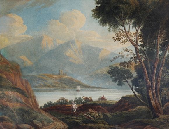 Bonhams : John Varley, OWS (British, 1778-1842) A Welsh lake scene