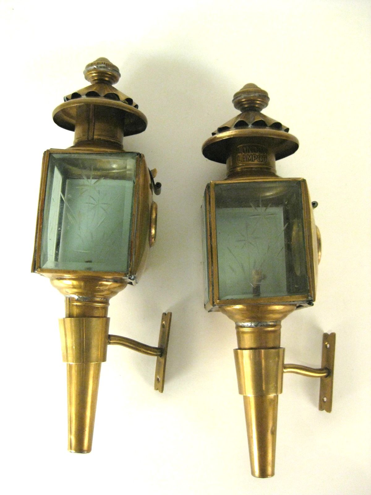 Bonhams Cars : A pair of etched glass brass coach lamps by London Lamp Co.