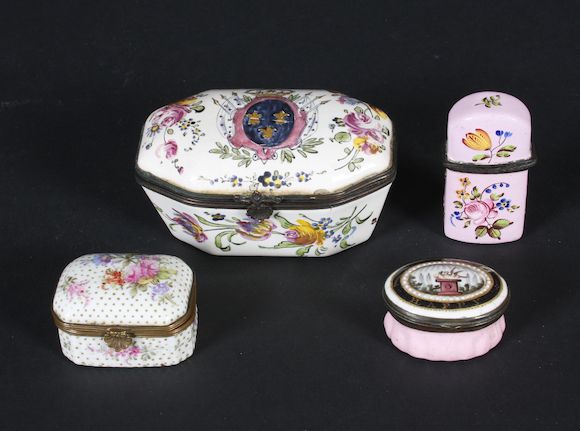 Bonhams : Two enamel boxes, a porcelain box and an enamel scent bottle ...
