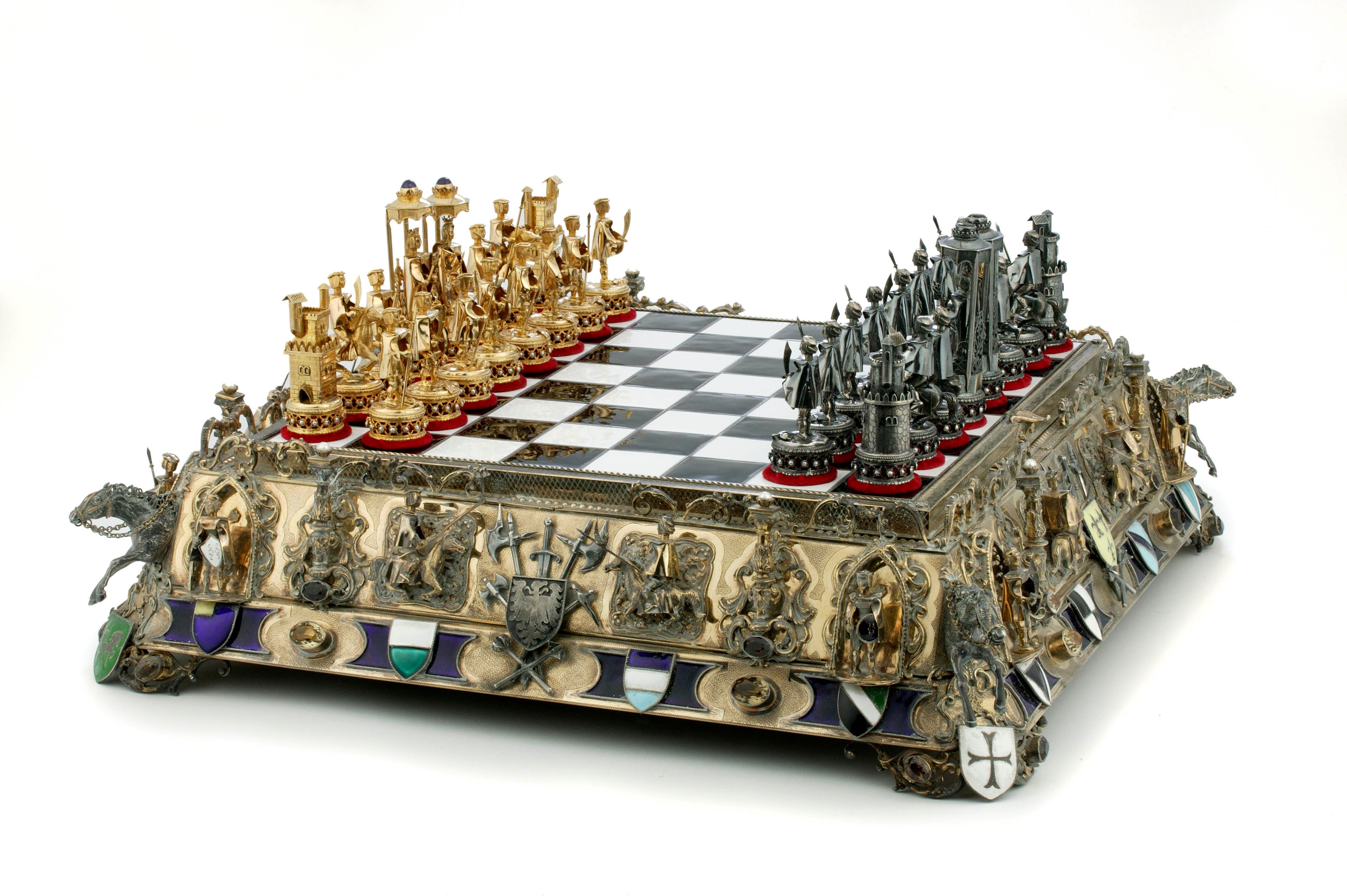 Bonhams : An Heraldic exhibition chess set in European silver and ...