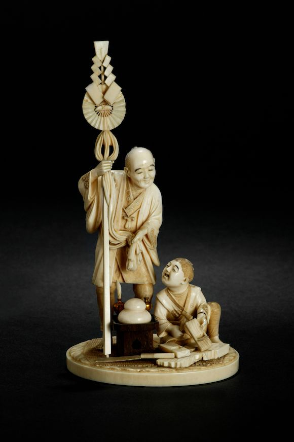Bonhams : A Japanese ivory carving of a master and an apprentice Meiji ...