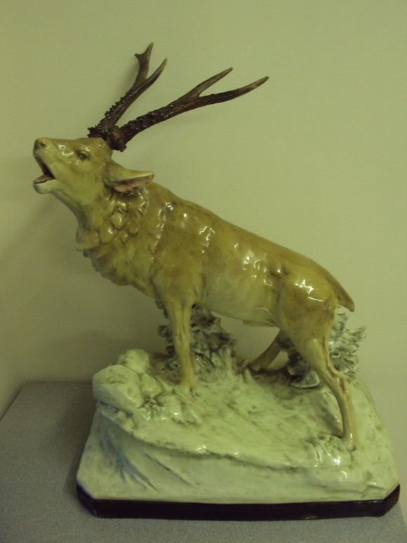 Bonhams : A German pottery stag with real antlers
