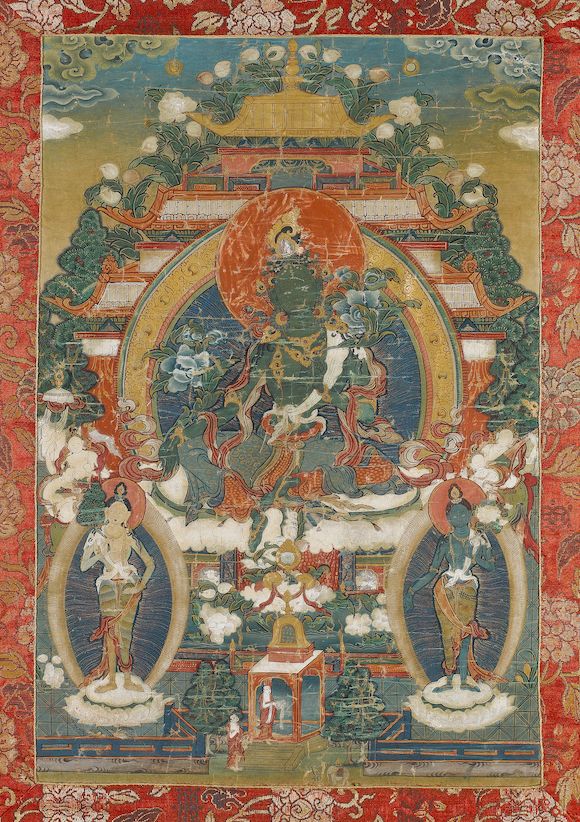 Bonhams : A Tibetan or Himalayan Thanka, decorated with a central deity ...
