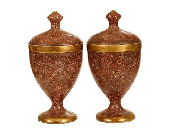 Bonhams : A pair of faux porphyry and parcel gilt urns