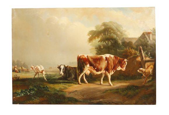 Bonhams : Hyacinthe-Joseph Genta (Italian, early 20th Century) Cattle, goats and dog in a meadow ...