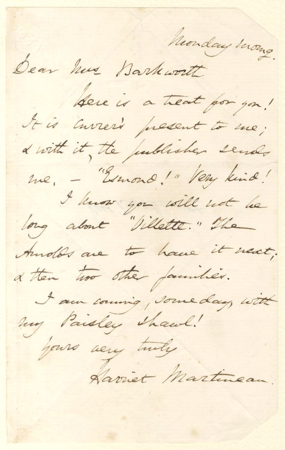Bonhams : BRONTË and MARTINEAU Autograph letter signed by Harriet ...