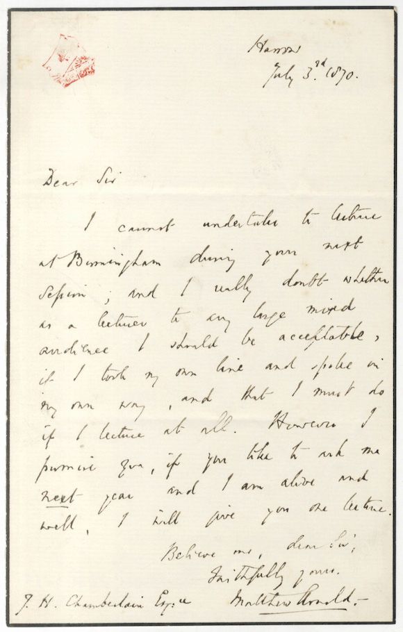 Bonhams : ARNOLD (MATTHEW) Three autograph letters signed, 1860 and 1863