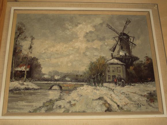 Bonhams : Dutch School, (circa 1950) Dutch canal scene in winter with ...
