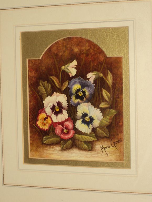 Bonhams : Marie Graves (British), (20th century) Flowerpiece with pansies