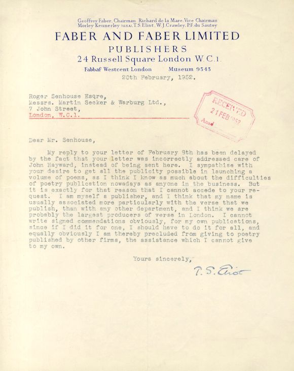 Bonhams : ELIOT (T.S.) Typed letter signed, to his fellow-publisher ...