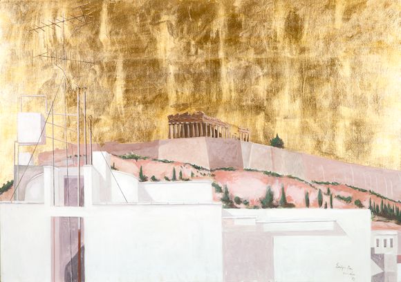 Bonhams : Spyros Vassiliou (Greek, 1902/3-1984) The Acropolis in golden skies 70.5 x 101cm.