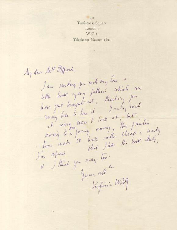 Bonhams : WOOLF (VIRGINIA) Autograph letter signed, 1924