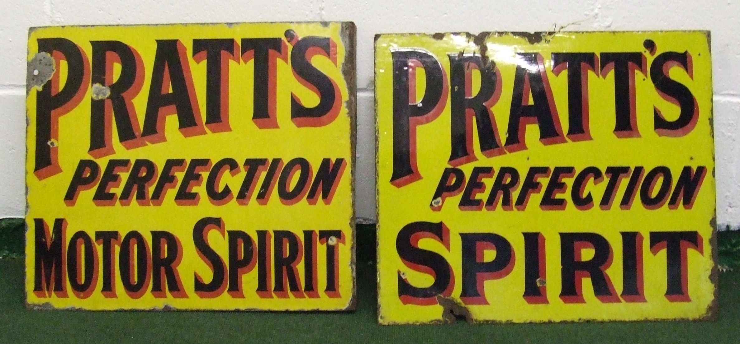 Bonhams Cars : Two Pratts Perfection double-sided enamel signs,