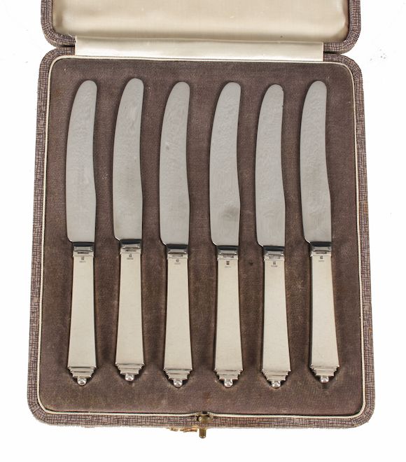 Bonhams : A set of six early Georg Jensen silver Pyramid pattern butter ...
