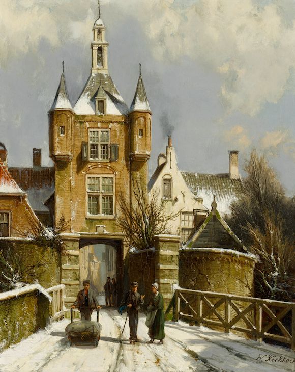 Bonhams : Willem Koekkoek (Dutch, 1839-1895) Figures in a winter townscape