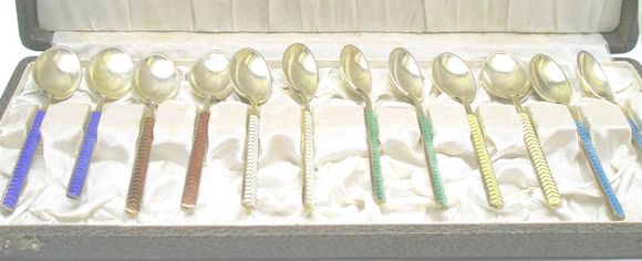 Bonhams : A cased set of twelve silver-gilt and enamelled coffee spoons ...