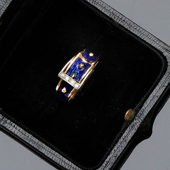 Bonhams : An 18ct gold Kutchinsky enamel buckle ring and a ruby dress ...