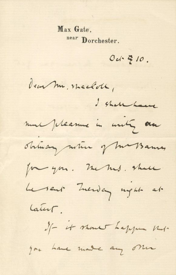 Bonhams : HARDY (THOMAS) Autograph letter signed, agreeing to write an ...