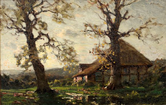 Bonhams : José Weiss (British, 1859-1919) A thatched cottage in a rural ...